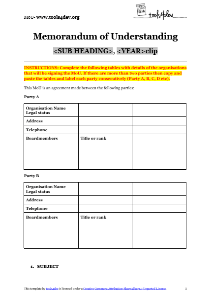 Public Private Partnership (PPP) Memorandum of Understanding (MoU) Template - tools4dev