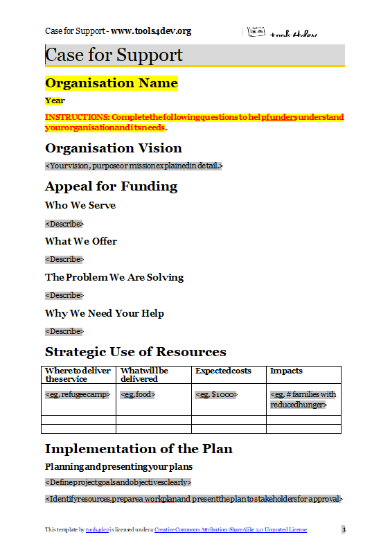 Case For Support Fundraising Template - tools4dev